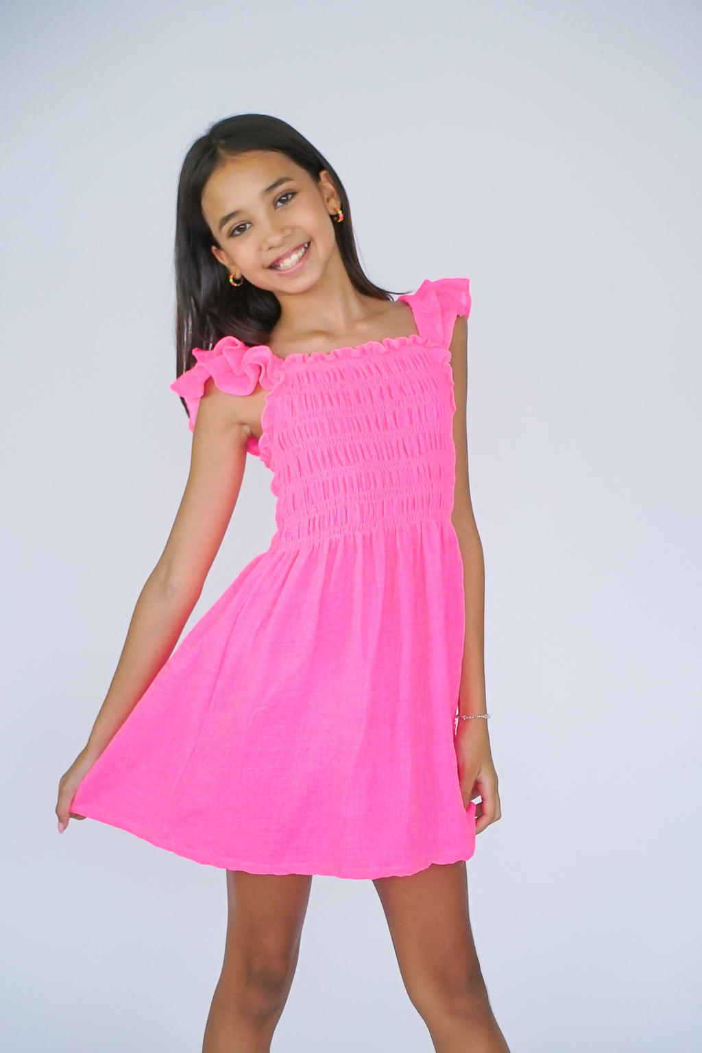*Hot Pink Smocked Flutter Sleeve Dress* – Flowers By Zoe Clothing